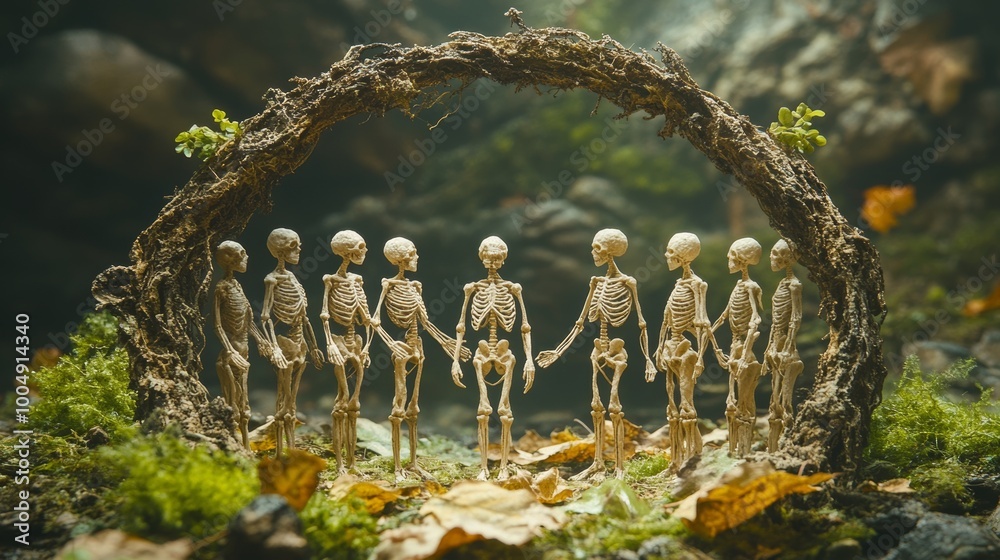 Circle of people, their forms morphing between life stages, surrounded ...