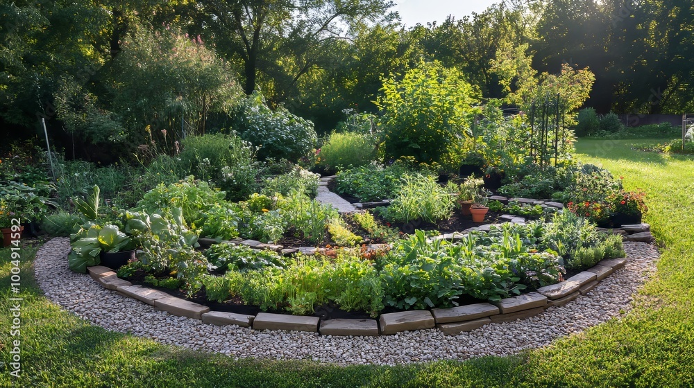 Circular arrangement of crops in a sustainable garden, with companion ...