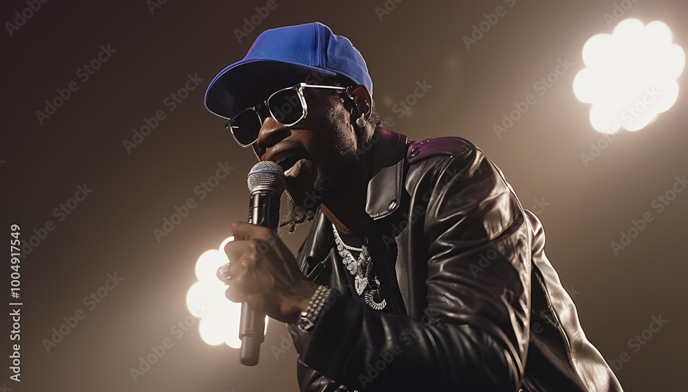 black african american hip hop artist or rapper on illuminated scene ...