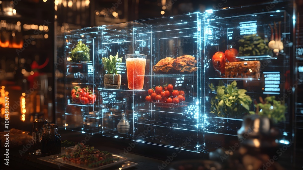 Holographic displays showing AI analysis of scanned food items, laser ...