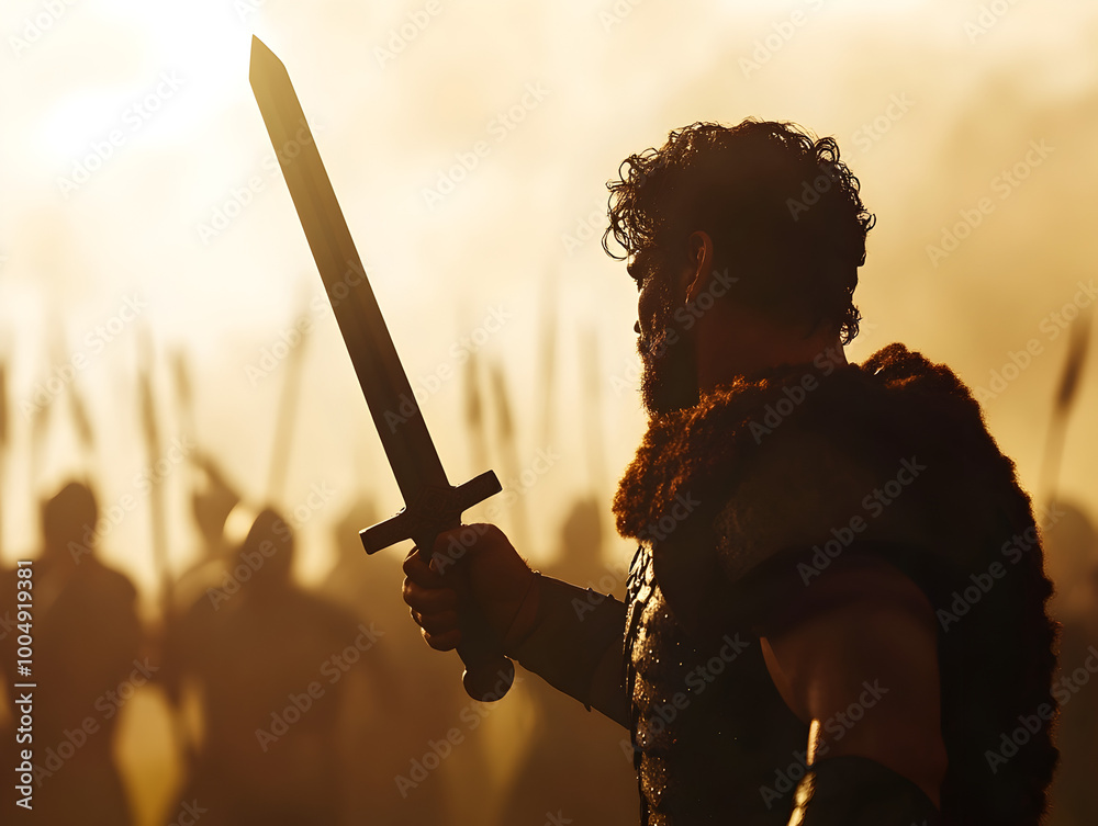 A valiant Celtic chieftain, standing proudly in front of his tribe ...