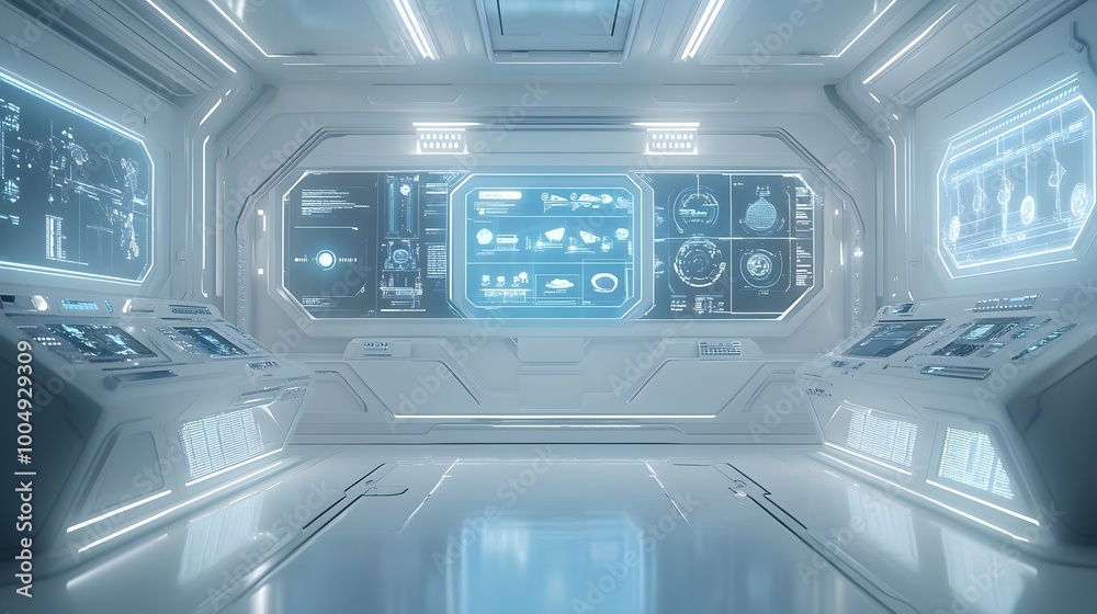 Minimalistic white control room with holograms displaying real-time ...