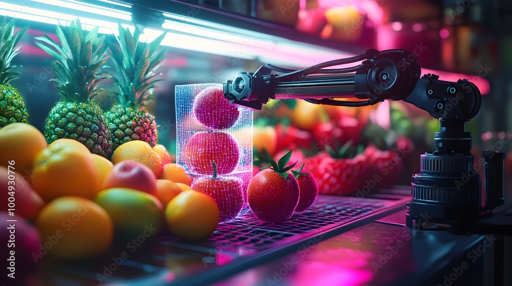 Robotic arm scanning fruits with X-ray beams, transparent holographic ...