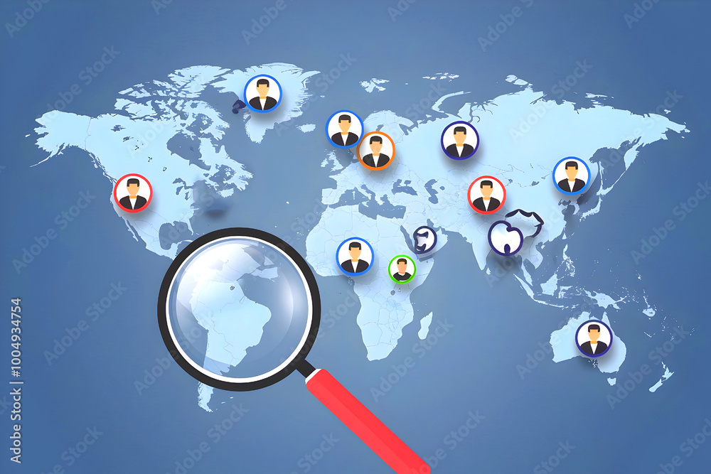 World map with magnifying glass and people icons for a global digital ...