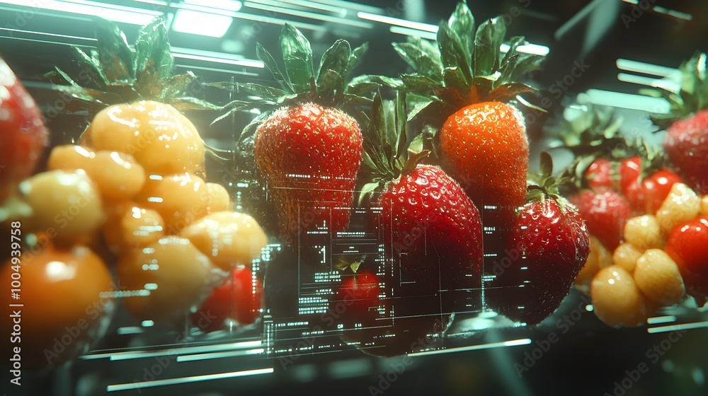 AI sensors scan colorful exotic fruits, digital readouts on floating ...