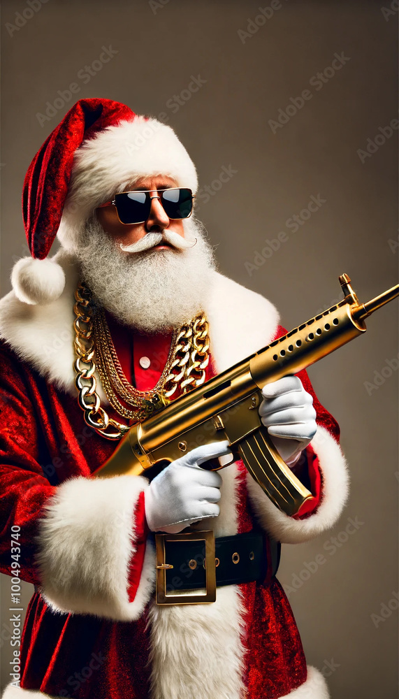 Brutal Santa with a golden machine gun and gangsta style chains. AI ...