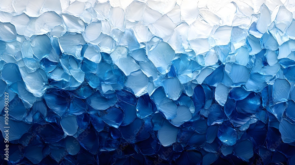 Ocean wave mosaic made of shattered sea glass, deep blue at the center ...