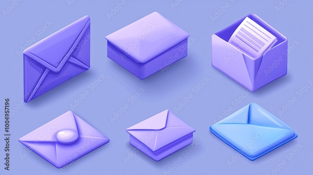 3D isometric icons of purple and blue envelopes with a document inside one envelope. Stock ...
