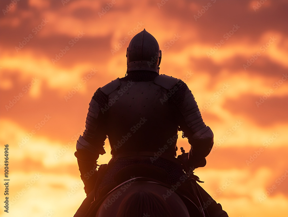 A determined medieval knight, clad in armor and standing beside his ...