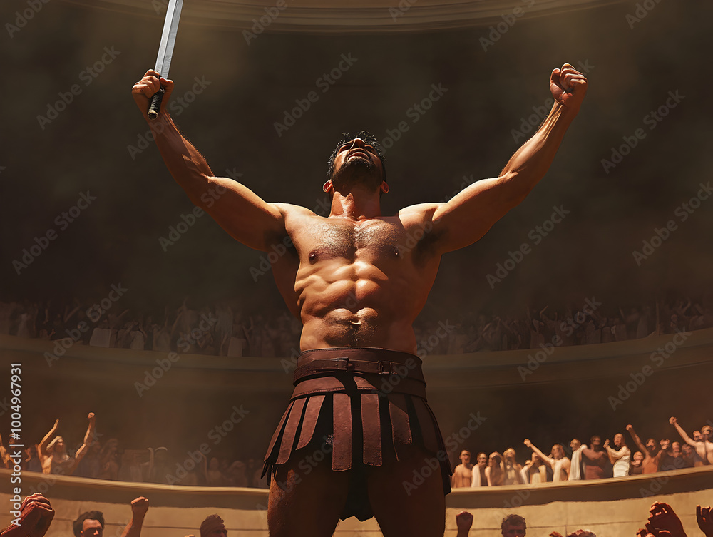 A mighty Roman gladiator, standing in the center of the arena with his ...