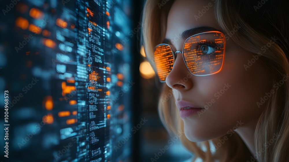 Double exposure of a woman in cybersecurity, scanning complex code and ...