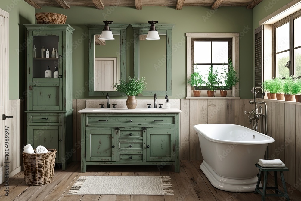 Rustic Farmhouse Bathroom Design Featuring Sage Green Cabinet ...