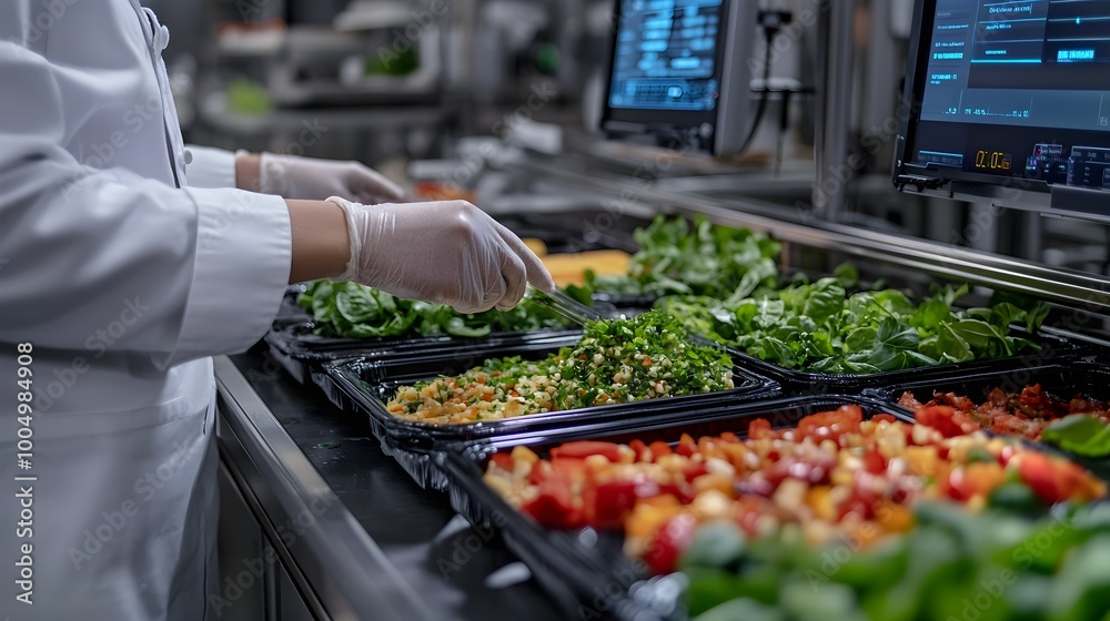 High-tech food production facility, sensors scanning food items ...