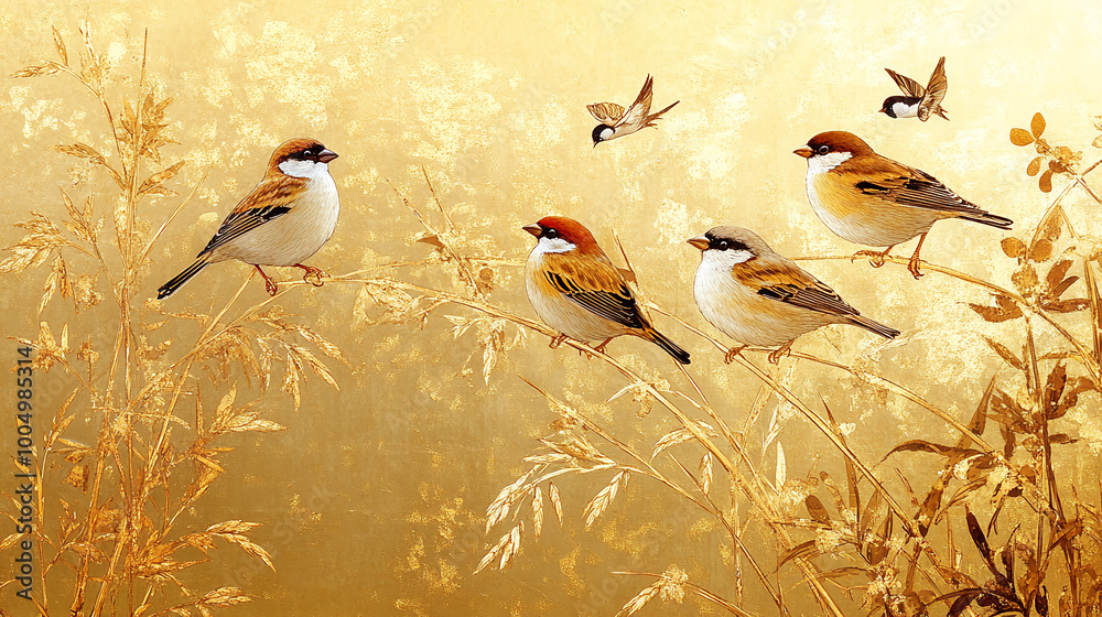 rice, Ear of rice, autumn, sun, sparrow, golden, Japanese pattern ...