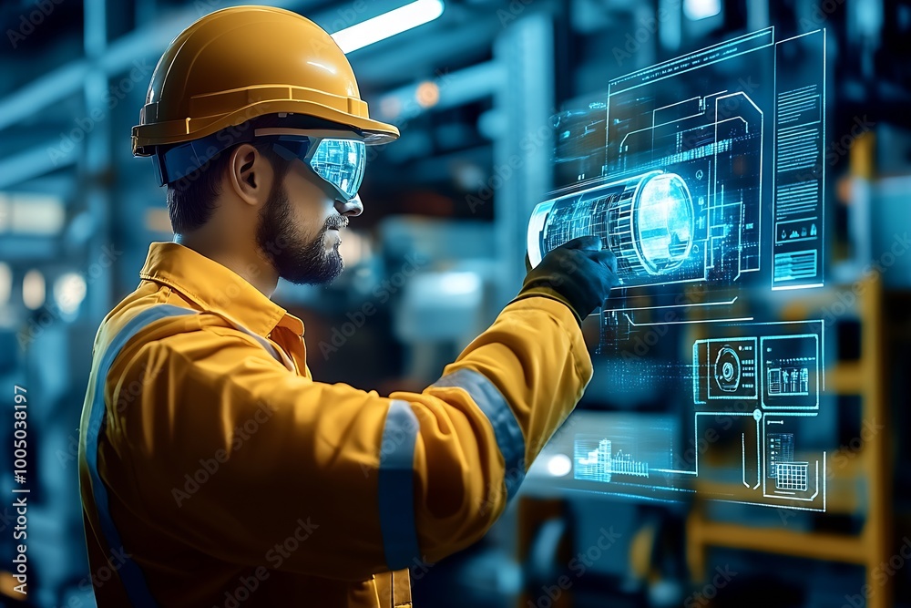 engineer working in logistics center on maintanance with data holograms ...