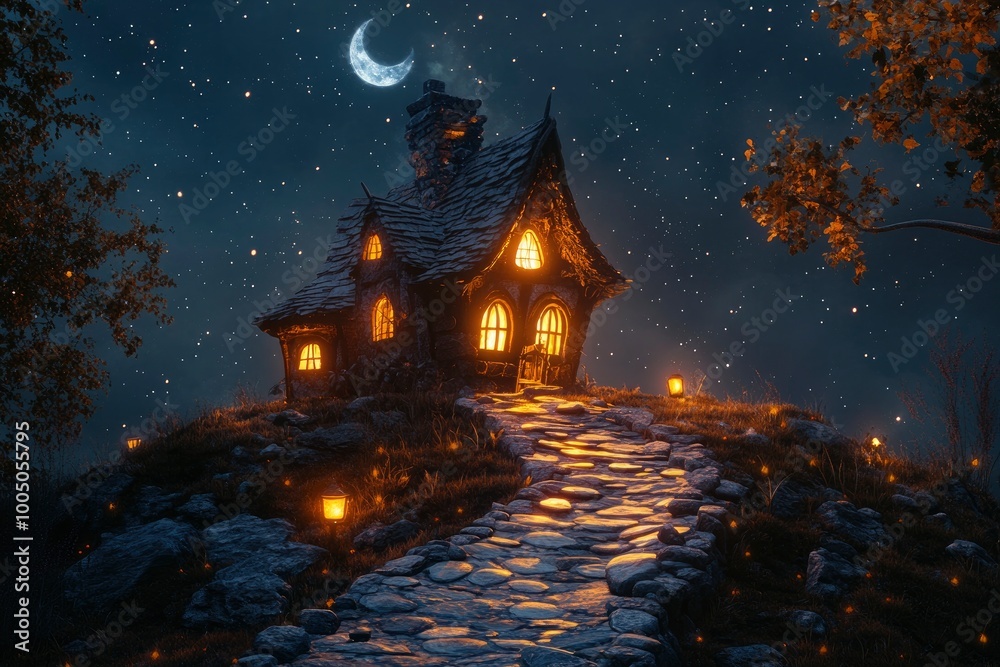 Witch house on the hill. Halloween background for festive design mockup ...