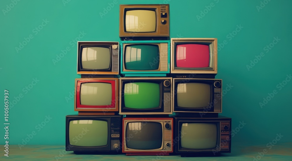 A stack of old-fashioned televisions, each screen displaying different ...