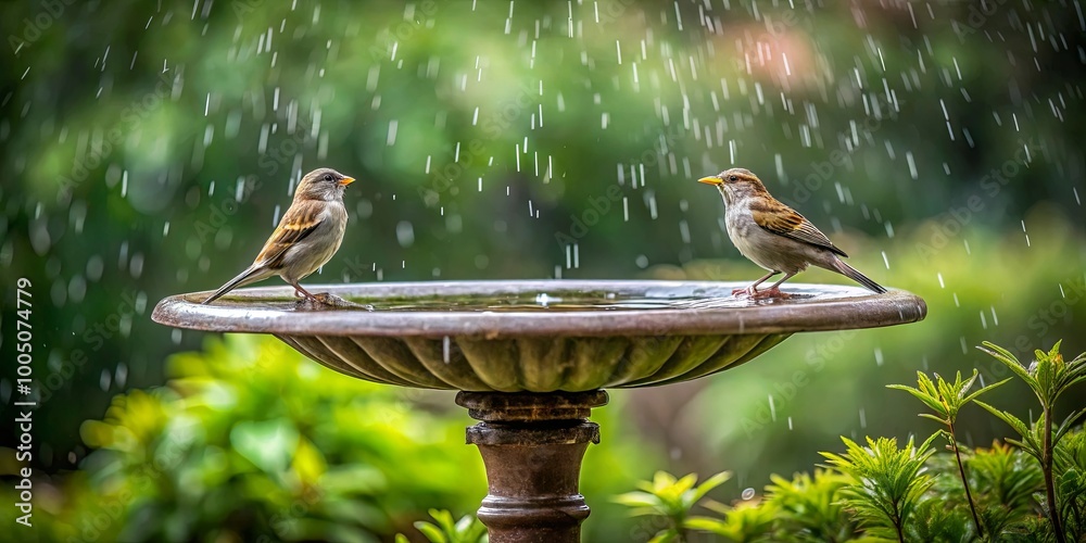 Two birds perch on a bird bath in the rain, one on each side, enjoying ...