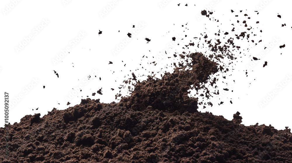 flying dirt, soil pile scattered isolated on transparent white ...