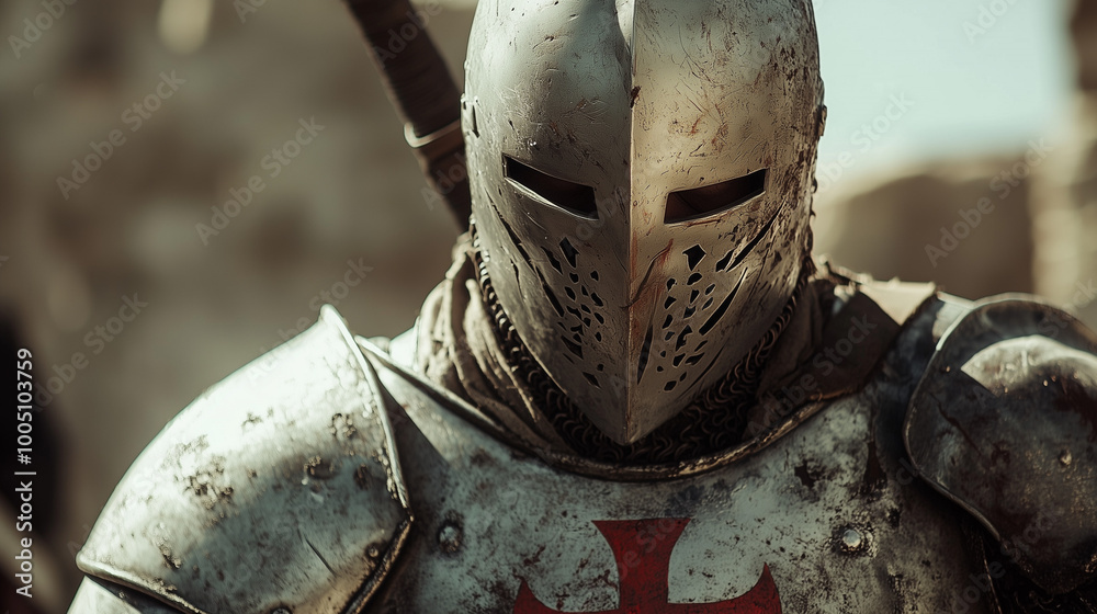 A Templar knight in heavy armor with a helmet adorned with a cross. The ...
