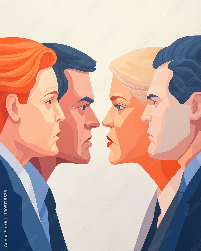 Stylized illustration of two men and one woman confronting each other ...
