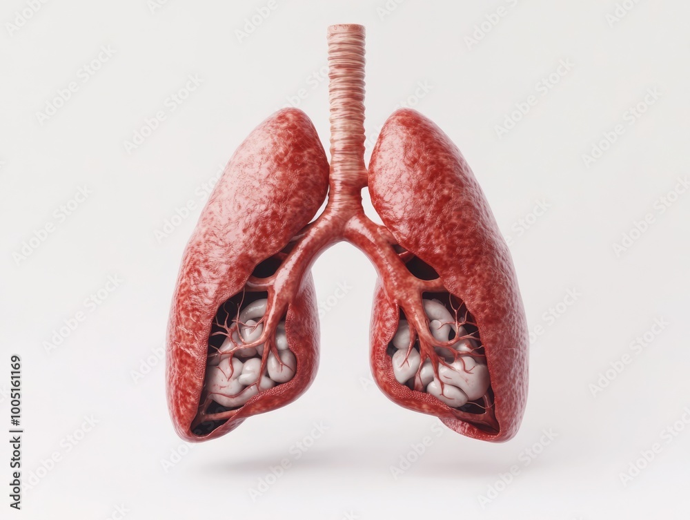 Detailed digital illustration of human lungs in a cutaway view showing ...