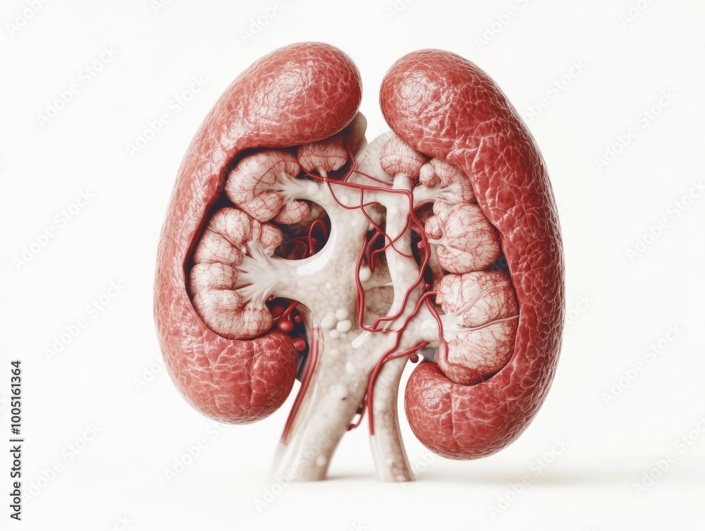 Detailed crosssectional illustration of the human kidneys showing ...