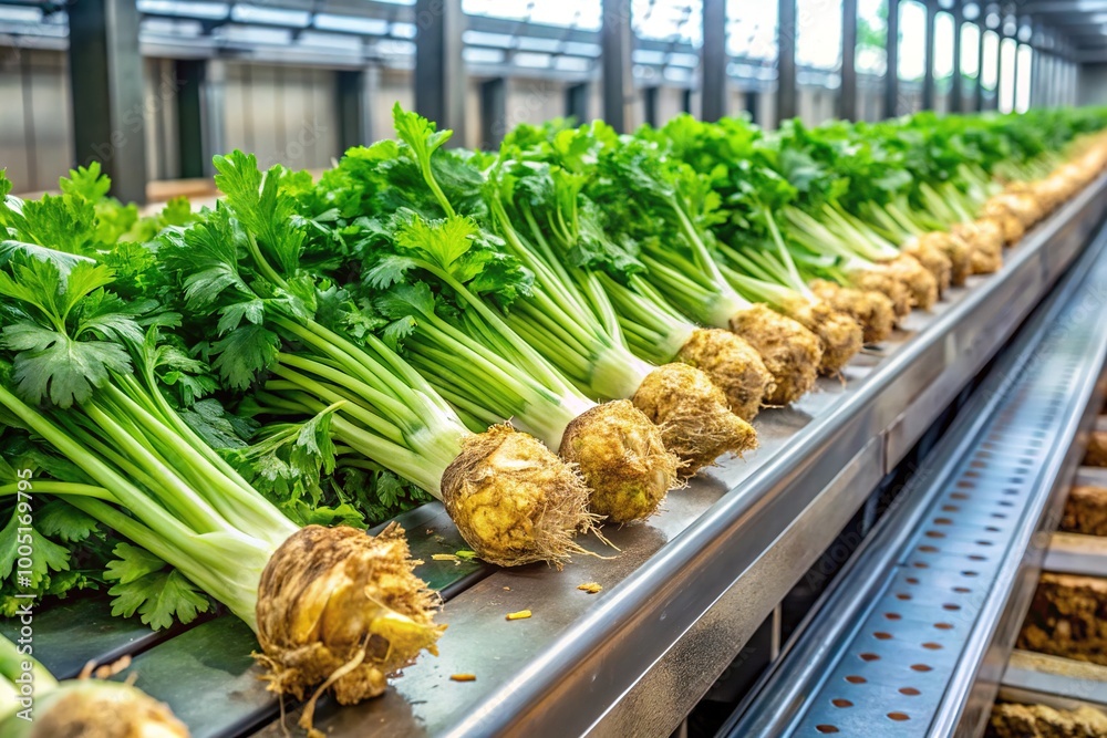 Celery roots are freshly harvested and placed on a conveyor belt ...