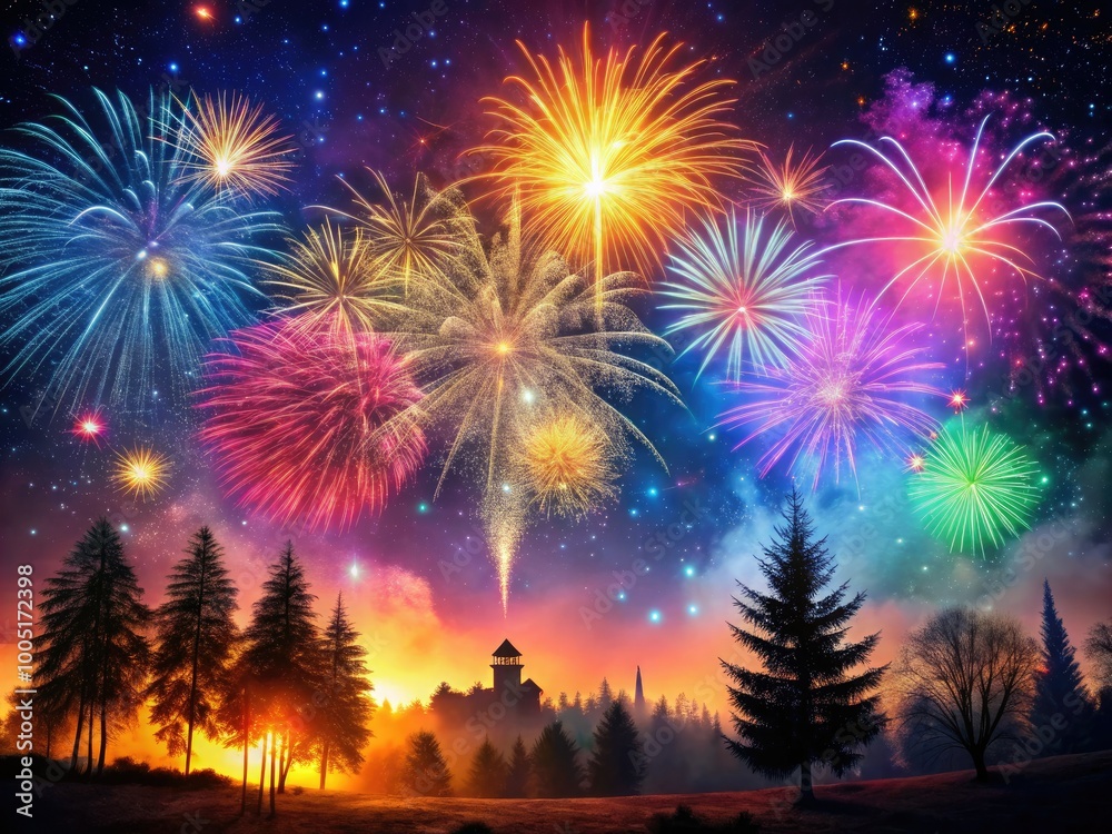 Vibrant multicolored fireworks explode in a starry night sky ...