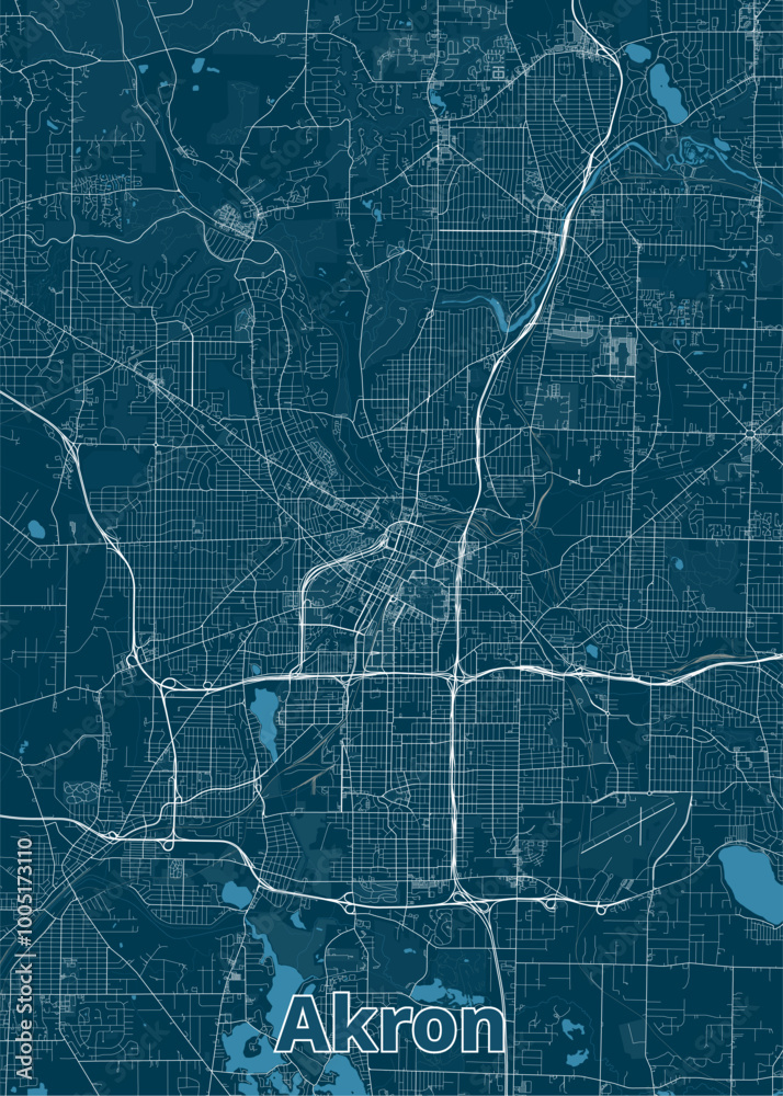 A detailed map of Akron, Ohio, rendered in a minimalist style. The map ...