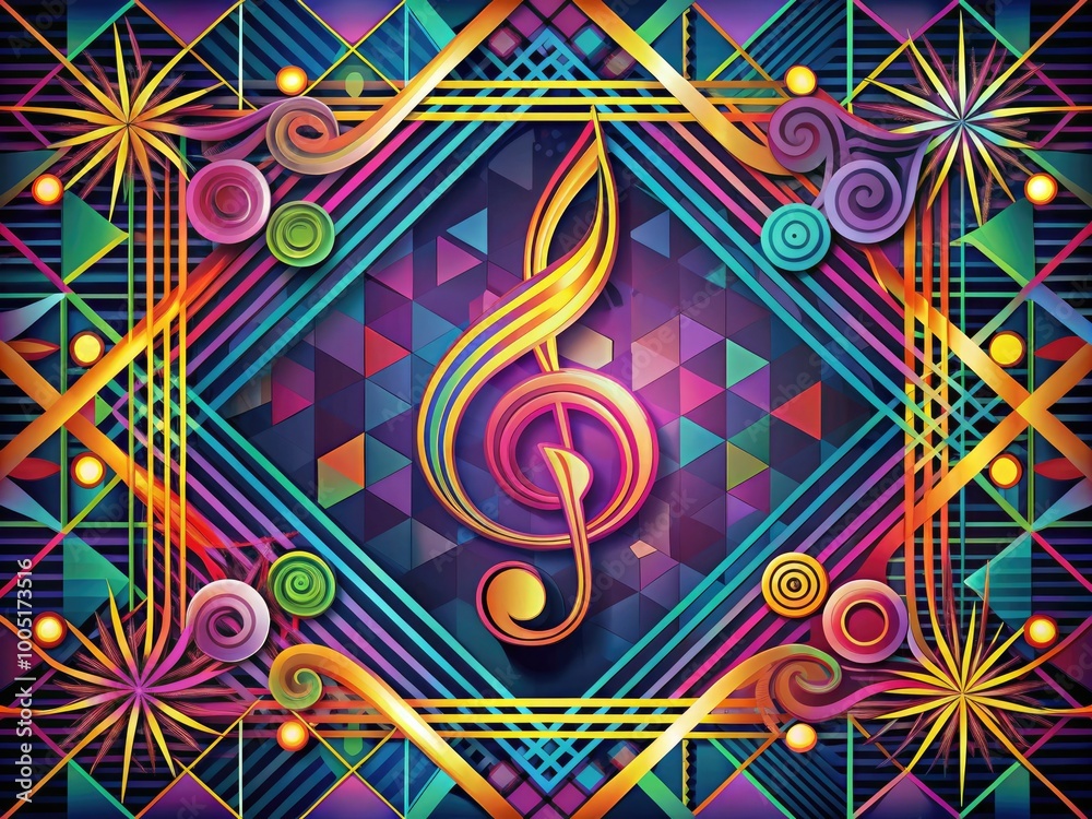 Vibrant musical notes and treble clefs dance within a bold, geometric ...