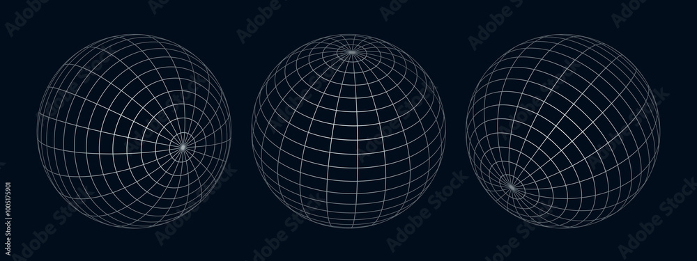 3D mesh grid sphere, net wire globe or ball in circle, vector digital earth. 3D wireframe sphere ...