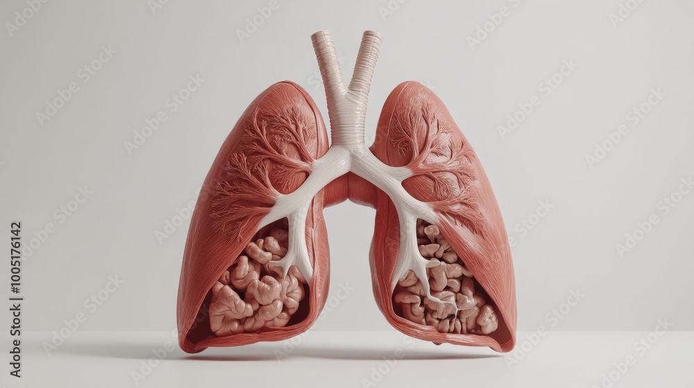Detailed digital illustration of human lungs in a cutaway view showing ...
