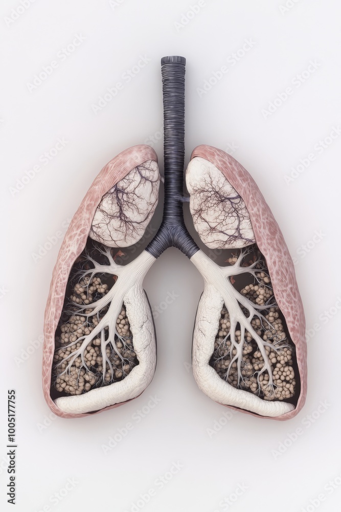 Detailed digital illustration of human lungs in a cutaway view showing ...