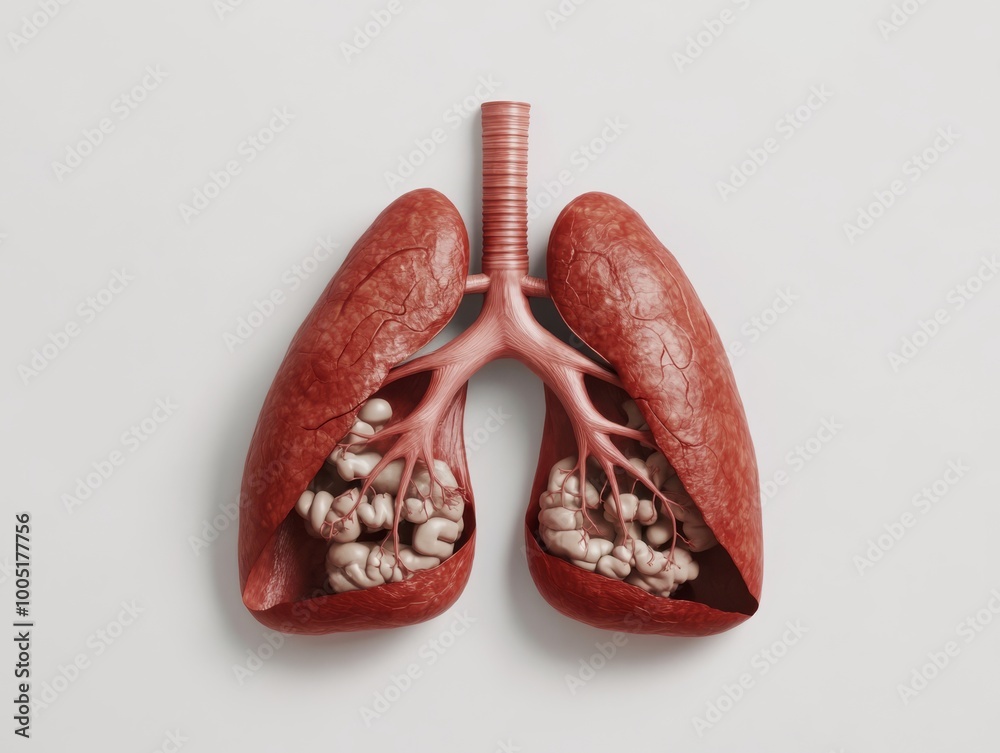 Detailed digital illustration of human lungs in a cutaway view showing ...