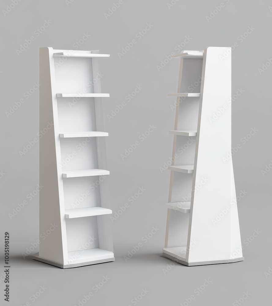 Two modern white display shelves with a sleek design on a gray ...