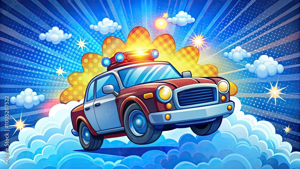 Vibrant, stylized illustration of a cartoon police car with flashing ...