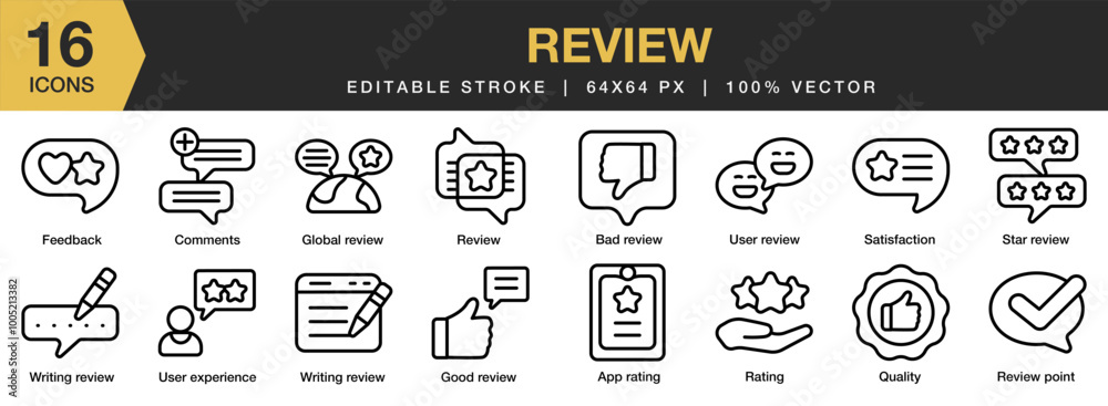 Review icon set. Editable Stroke Icon Collection. Includes app rating, bad review, comments ...