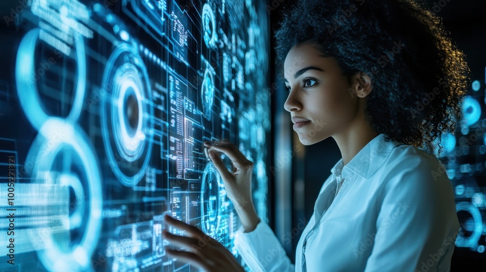 Young woman interacting with digital interface and data analysis ...