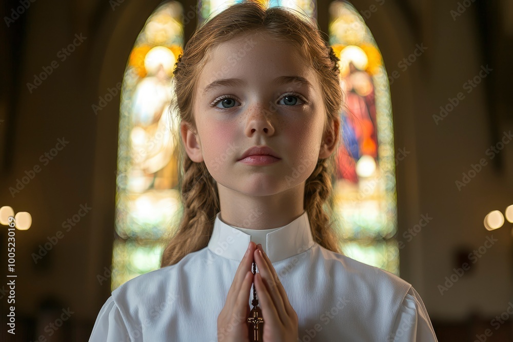 Young Girl Praying in a Church with a Stained Glass Window Behind Her ...