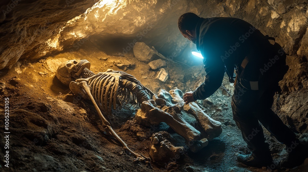Archaeologist examines ancient human skeleton in a cave with a ...