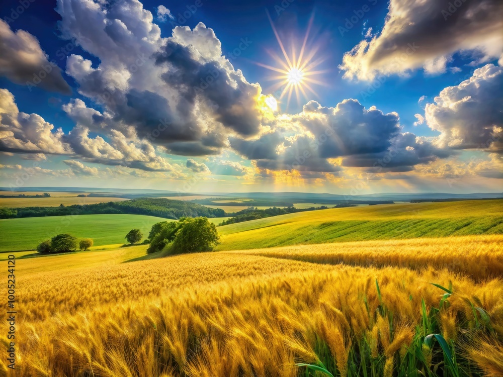 Warm sunshine illuminates a vibrant summer landscape featuring lush ...