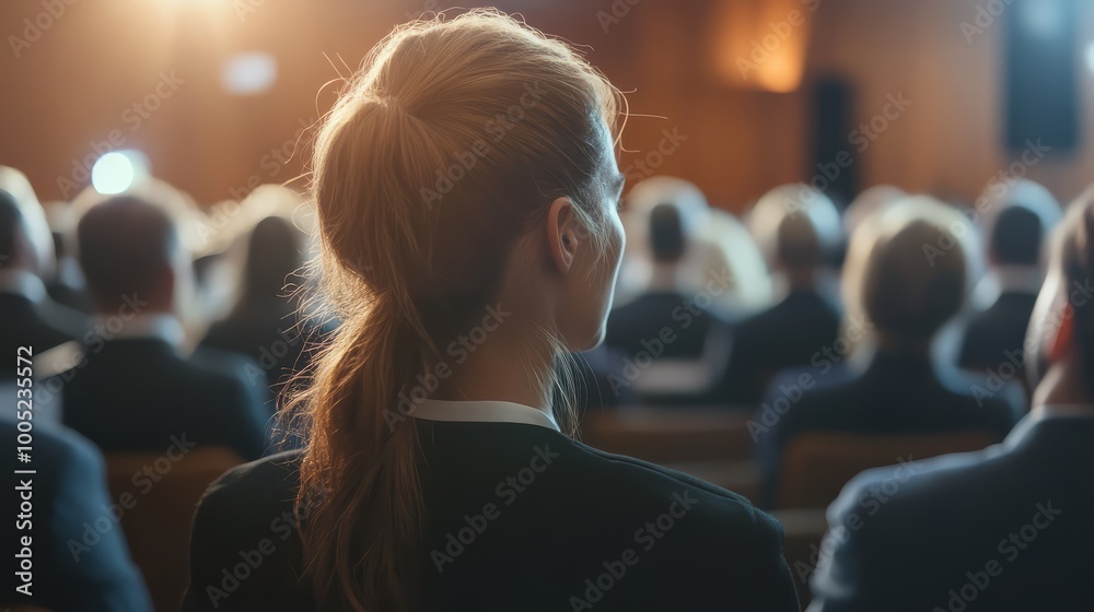 Business professional attending a conference, viewed from behind. The ...