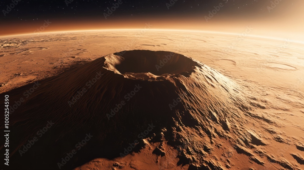 Mars surface showing the massive Olympus Mons volcano rising from the ...