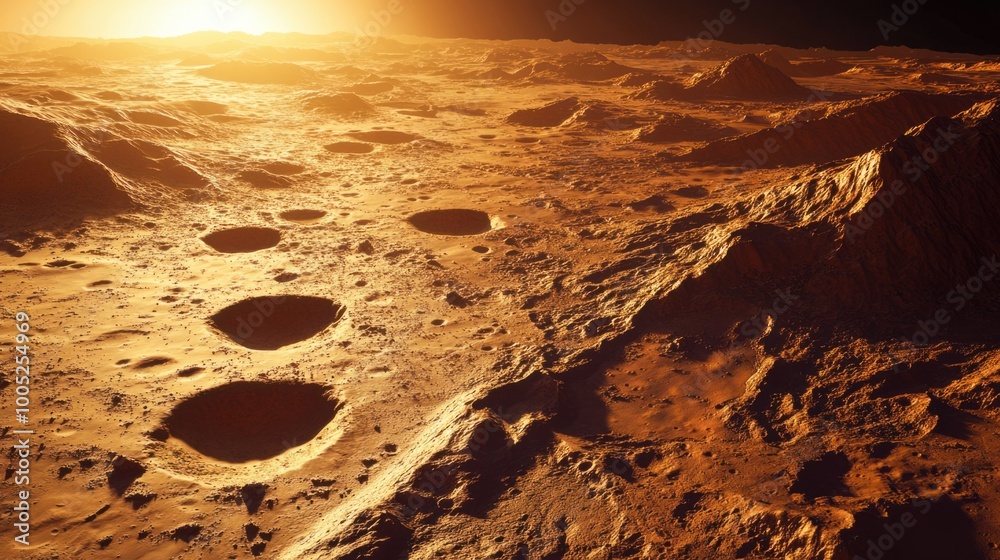 Mars surface with deep valleys, craters, and rocky outcrops illuminated ...