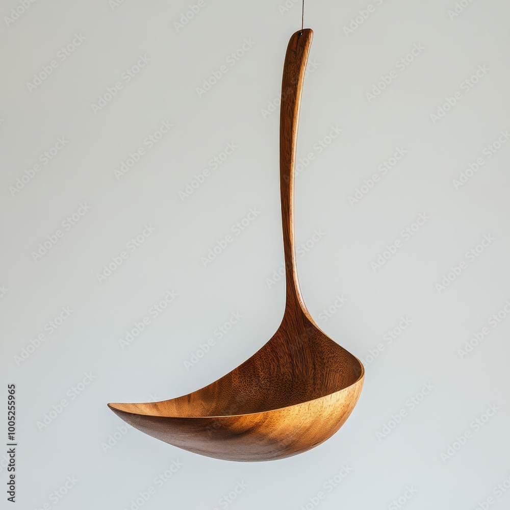 Minimalist wooden ladle with a smooth finish, hanging elegantly against ...