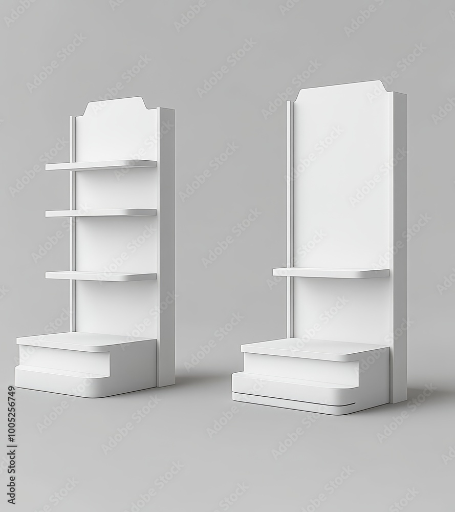 Minimalistic white display shelves with multiple compartments on a grey ...
