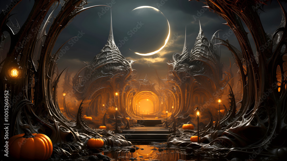 Halloween in sci-fi gothic style, a dark fantasy realm, orange pumpkins ...