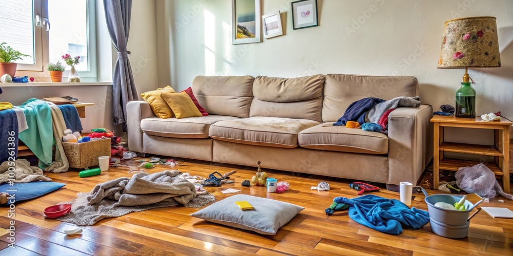 Messy living room with dirty sofa and chaos on floor, clutter ...
