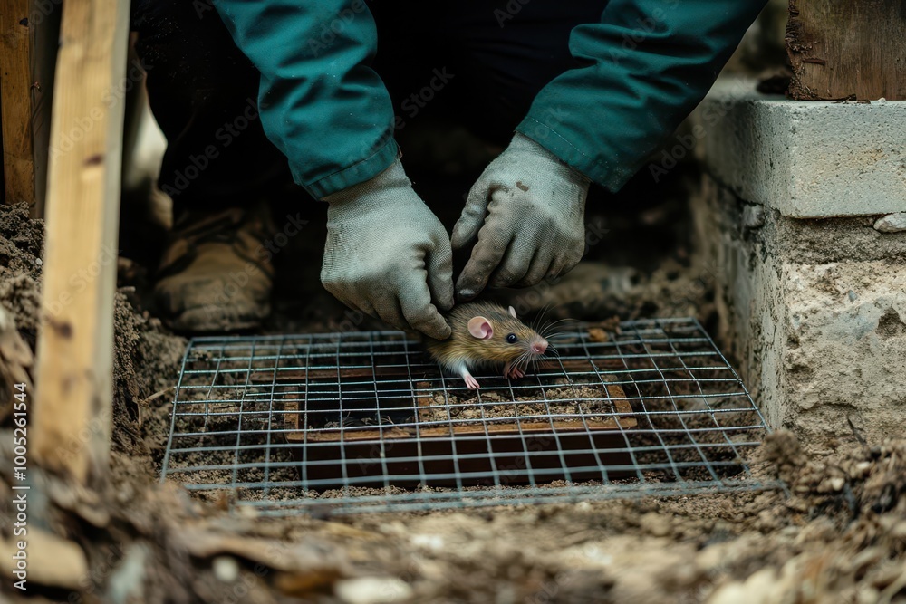 Exterminator inspecting a rodent trap under a house foundation ...